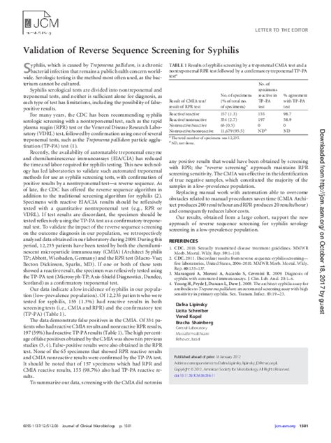 Pdf Validation Of Reverse Sequence Screening For Syphilis Bracha