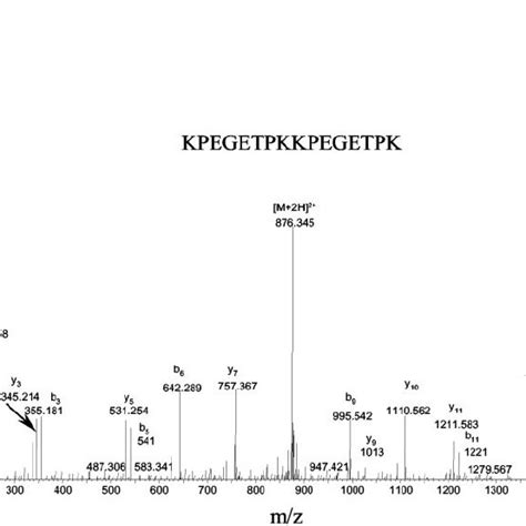 Tandem Mass Spectrum For The Doubly Charged Ion 8764 Of The Tryptic