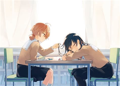 Safebooru 2girls Ahoge Black Hair Chair Closed Eyes Closed Mouth