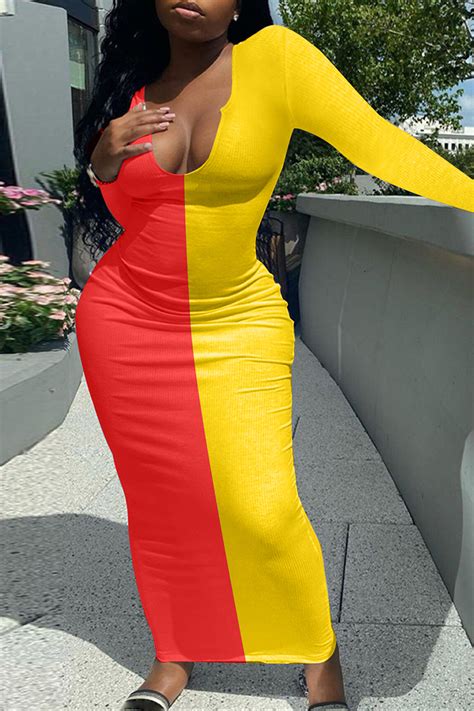 Wholesale Red Sexy Solid Patchwork V Neck Pencil Skirt Dresses K30913 1 Online