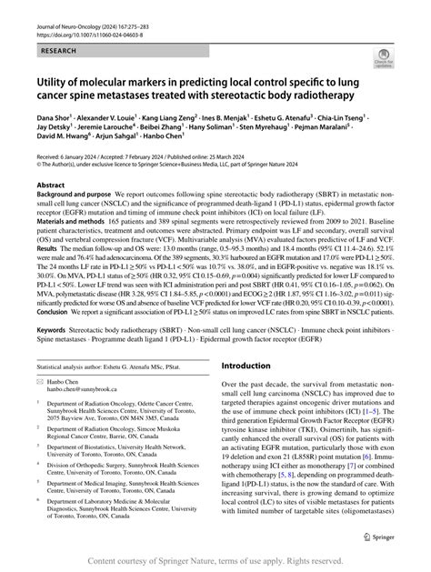 Utility Of Molecular Markers In Predicting Local Control Specific To Lung Cancer Spine