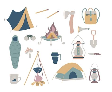 Conjunto de elementos de diseño de camping de bosque de garabatos