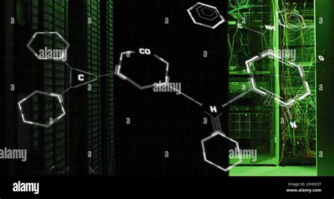 Image Of Molecule Structures Over Illuminated Server Room In Background