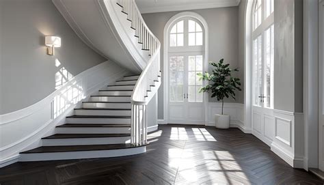 A Staircase With A White Staircase And A Plant In The Corner Premium Ai Generated Image