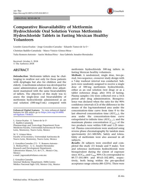 Pdf Comparative Bioavailability Of Metformin Hydrochloride Oral