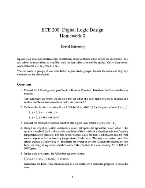 ECE200 HW 0 Q S Digital Logic Design HW 0 Problems ECE 200 Digital