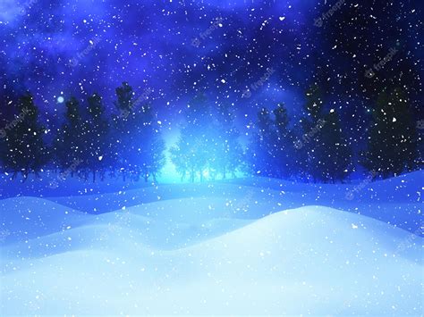 Premium Photo 3d Winter Landscape At Night With Falling Snow