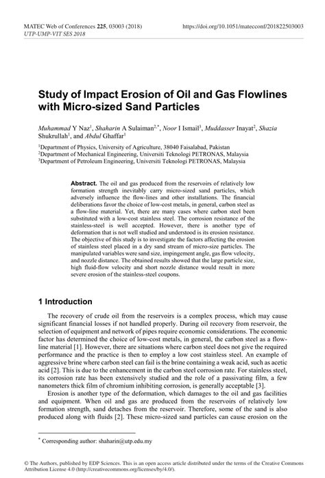 PDF Study Of Impact Erosion Of Oil And Gas Flowlines With Micro Sized Sand Particles