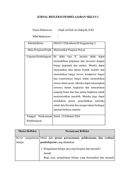 jurnal refleksi pembelajaran siklus 1 2 3 pdf