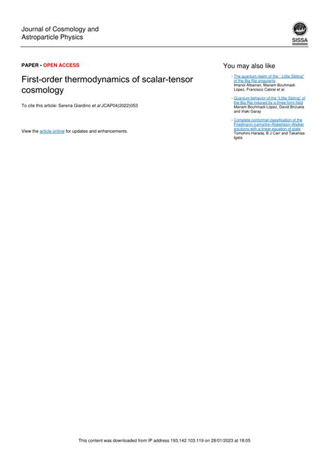 Pdf First Order Thermodynamics Of Scalar Tensor Cosmology
