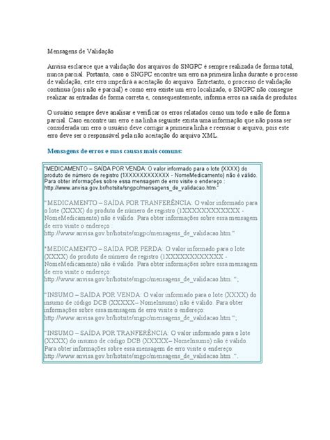 Mensagens De Validação Pdf Droga Farmacêutica Informação