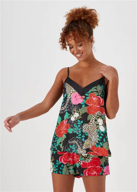 Black Floral Satin Cami Pyjama Top Matalan