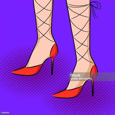 빨간 하이힐에 여성 다리 여성 다리에 신발 복고풍 팝 아트 벡터 일러스트 가냘픈에 대한 스톡 벡터 아트 및 기타 이미지