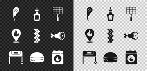 립아이 스테이크 소스 병 바베큐 스틸 그리드 그릴 버거 석탄 가방 불 불꽃 및 베이컨 스트라이프 아이콘이 있는 위치 설정 벡터 가방에 대한 스톡 벡터 아트 및 기타 이미지