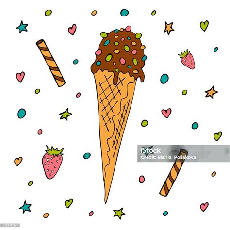 와플 콘 딸기 웨이퍼 롤에 아이스크림 손으로 그린 맛있는 상쾌한 여름 디저트 스낵 벡터 0명에 대한 스톡 벡터 아트 및 기타 이미지 Istock