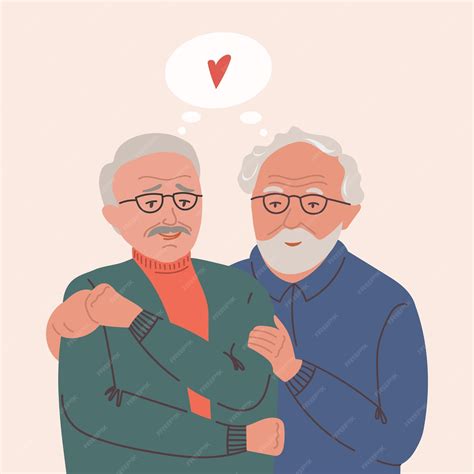 늙은 성인 게이 커플 정신 건강 회복 벡터 그림 심리적 구호 노인 Lgbtq 남성은 차분하고 사랑을 받으며 포옹을 하고 있습니다