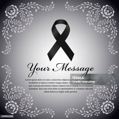 장례 카드 꽃 잎 프레임 벡터 디자인에 텍스트를위한 검은 리본과 장소 인사장에 대한 스톡 벡터 아트 및 기타 이미지 인사장