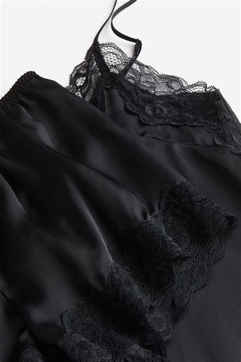 Lace Trimmed Satin Pajamas Black Ladies Handm Us