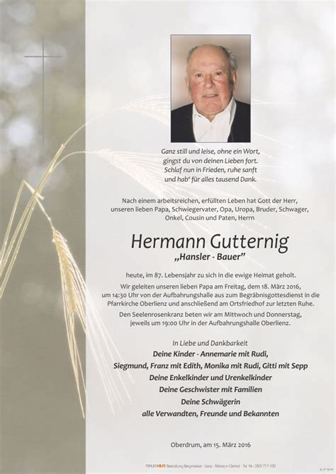 Todesanzeige Hermann Gutternig Trauer Link