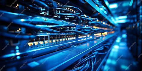 Highlighting Network Equipment Switch Cables Blue Lights Ethernet And