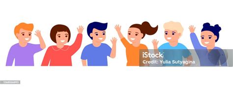 행복한 아이들이 손을 흔들며 인사를 합니다 미소 짓는 어린 아이들이 인사 환영 또는 작별 인사 제스처 젊은 친구 초등학생 유치원 학생 소년 과 소녀 벡터 플랫 일러스트레이션