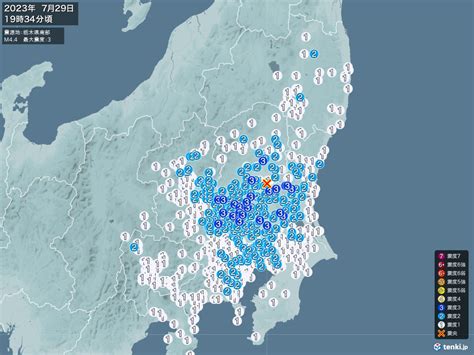 地震情報 2023年07月29日 19時34分頃発生 最大震度：3 震源地：栃木県南部拡大画像 日本気象協会 Tenkijp