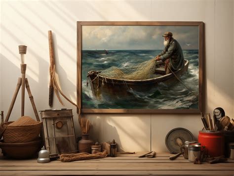 Vintage Old Fisherman Oil Painting Nautical Wall Art Maritime Decor