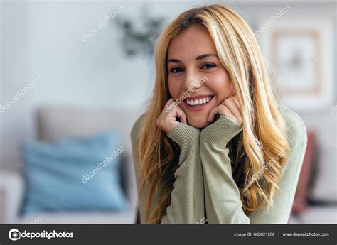 Portrait Kind Young Woman Smiling While Looking Camera Living Room