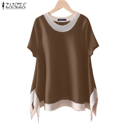 ZANZEA Women Korean Round Neck Short Sleeve Patchwork Slit Loose