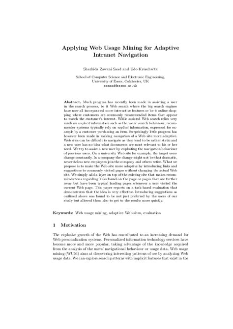 Pdf Applying Web Usage Mining For Adaptive Intranet Navigation