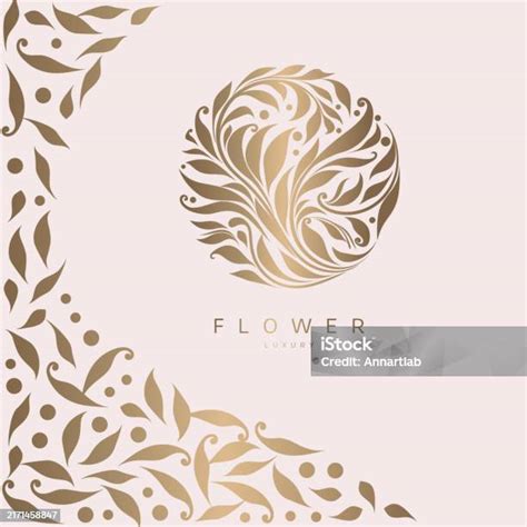 나뭇잎이 있는 금색과 분홍색 엠블럼 보석 미용 및 패션 산업에 사용할 수 있습니다 로고 모노그램 초대장 전단지 메뉴 배경 또는 원하는 아이디어에 적합합니다 0명에 대한 스톡