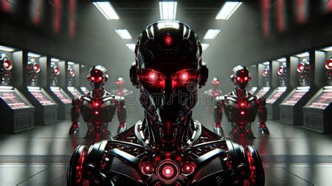 Sinister Red And Black Robots In Dark Lab Highlighting Ai Dangers Stock
