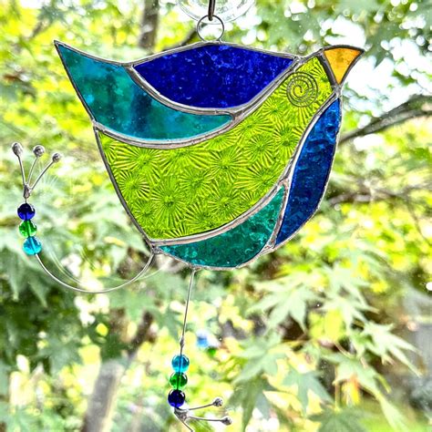 Stained Glass Funky Bird Suncatcher Blue Tur Folksy