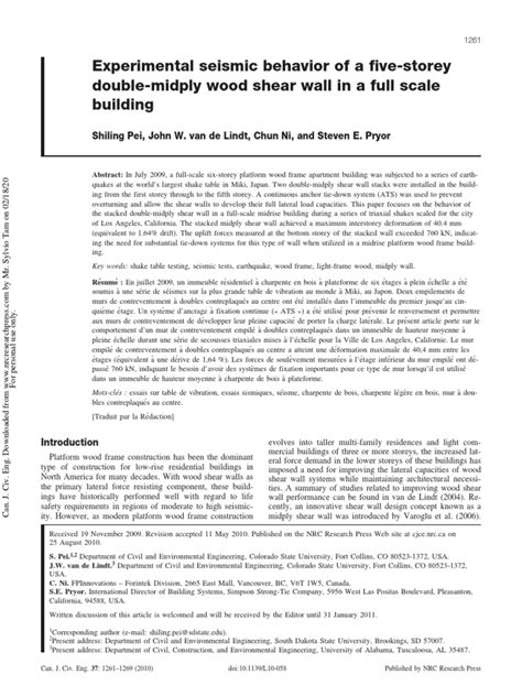 Experimental Seismic Behavior Of A Five Storey Double Midply Wood Shear