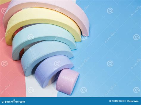 Wooden Toy Rainbow Pastel Color Arc On Pink Blue White Orange