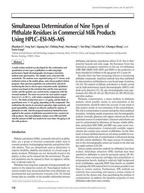 Pdf Simultaneous Determination Of Nine Types Of Phthalate Residues In