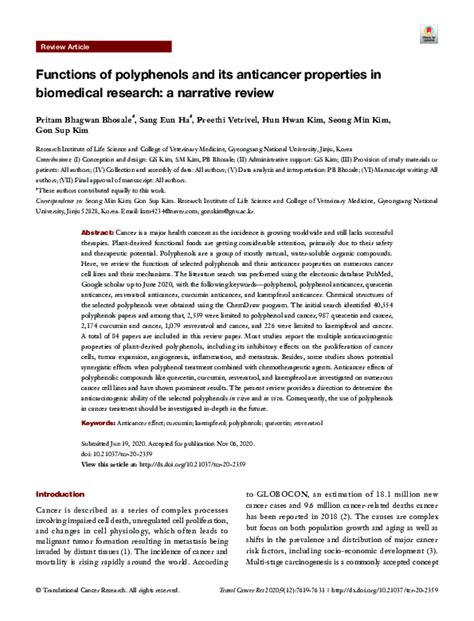 Pdf Functions Of Polyphenols And Its Anticancer Properties In