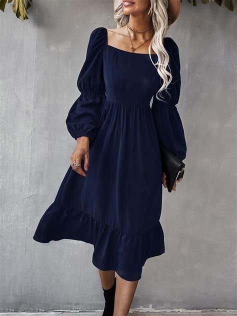 Women Midi Dresses Womens Dresses Solid Square Neck Long Sleeve Midi