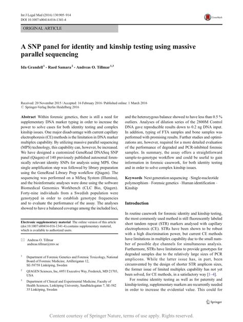 A Snp Panel For Identity And Kinship Testing Using Massive Parallel Sequencing Request Pdf