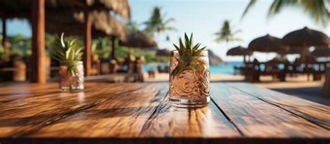 Premium Photo A Photo Of An Empty Wooden Table With A Tiki Beach Bar