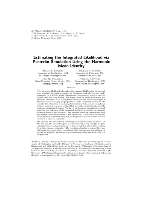 Pdf Estimating The Integrated Likelihood Via Posterior Simulation