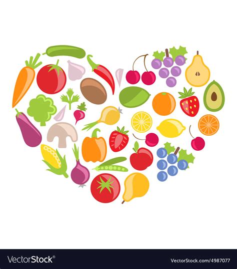 Set Colorful Vegetables And Fruits In Heart Shape Vector Image