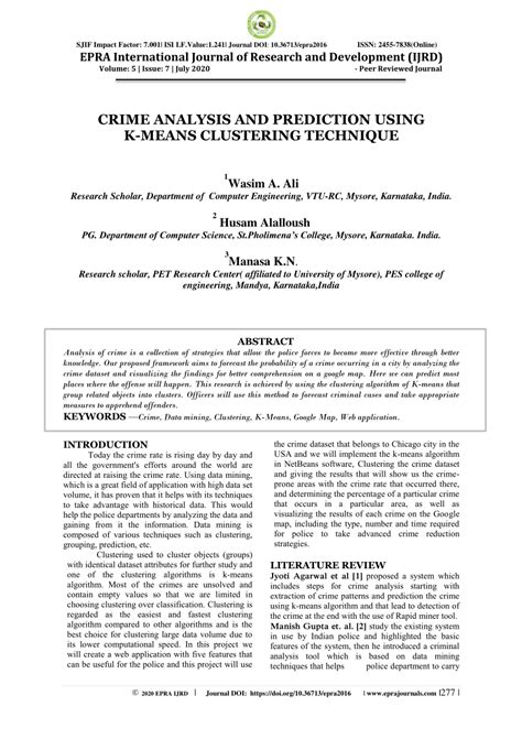 PDF CRIME ANALYSIS AND PREDICTION USING K MEANS CLUSTERING TECHNIQUE