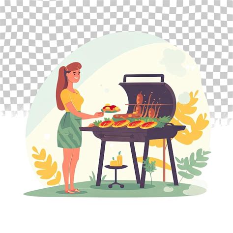 Premium Psd Woman Cooks Food On Grill Flat Vector Illustration