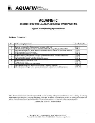 Aquafin Ic Crystalline Waterproofing Specifications Aquafin Inc