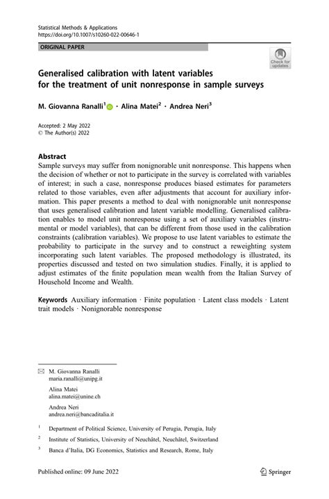 Pdf Generalised Calibration With Latent Variables For The Treatment Of Unit Nonresponse In