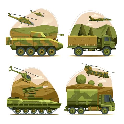 Premium Vector Hand Drawn Military Vehicles Mini Compositions Set