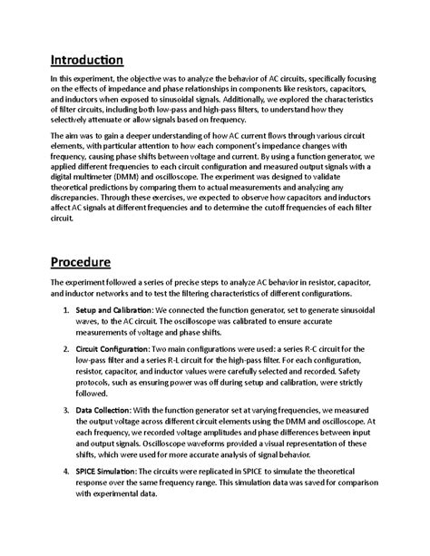 Lab 3 Report Introduction In This Experiment The Objective Was To Analyze The Behavior Of AC