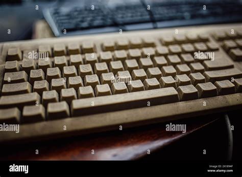Old Vintage Computer Mechanical Keyboard In Dust Computer Keyboard From The S Stock Photo
