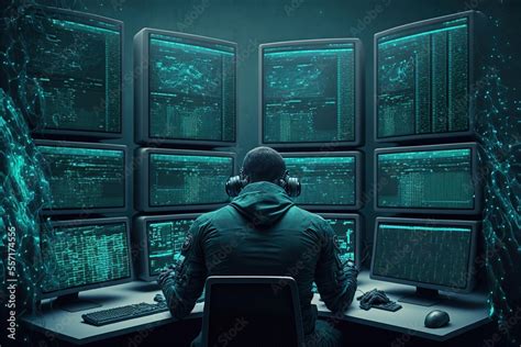 Programmer Working On Computers With Multiple Monitors Matrix Generative AI Stock Illustration